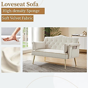 Small Velvet Loveseat Sofa with Gold Metal Legs,55-inch Modern Sofa Couch with 2 Side Pockets,Couch with Tufted Backrest for Living Room Bedroom Office (Beige)