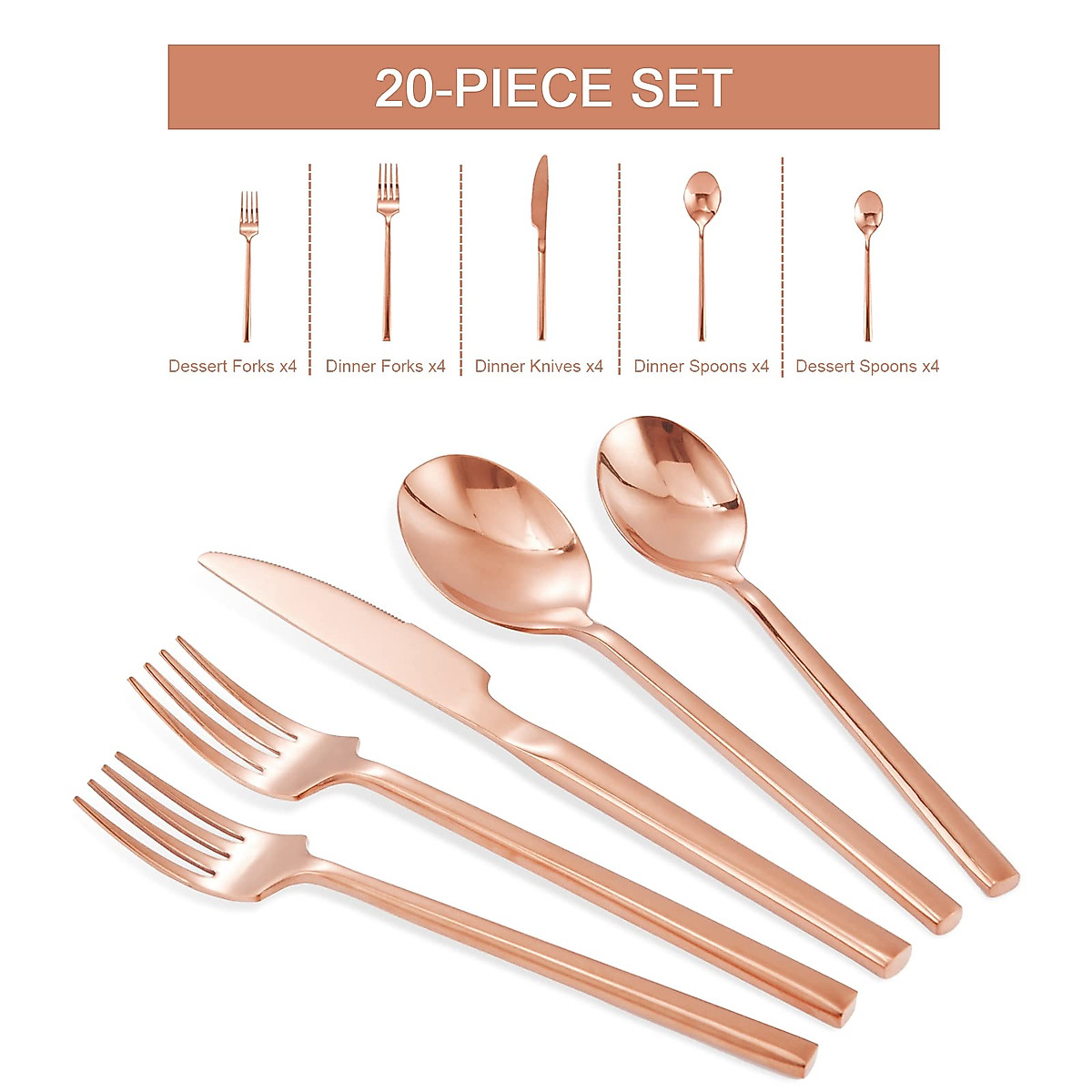 Gold Silverware Set, 20-Piece Stainless Steel Flatware Cutlery Set Service for 4, Tableware Utensils Set Includes Knife/Spoon/Fork for Kitchen Home Restaurant Gift, Mirror Polished, Dishwasher Safe