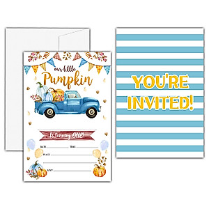 Fall Birthday Invitations, 1st Pumpkin Truck Birthday Party Invitation Card, Autumn Harvest Fill-in Invites, Birthday Party Favors & Thanksgiving Supplies (20 Set of Invitations with Envelopes)-04