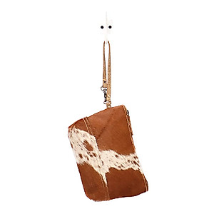 Myra Bag Snowy & Cocoa Upcycled Canvas & Cowhide Wristlet Pouch Bag S-1471