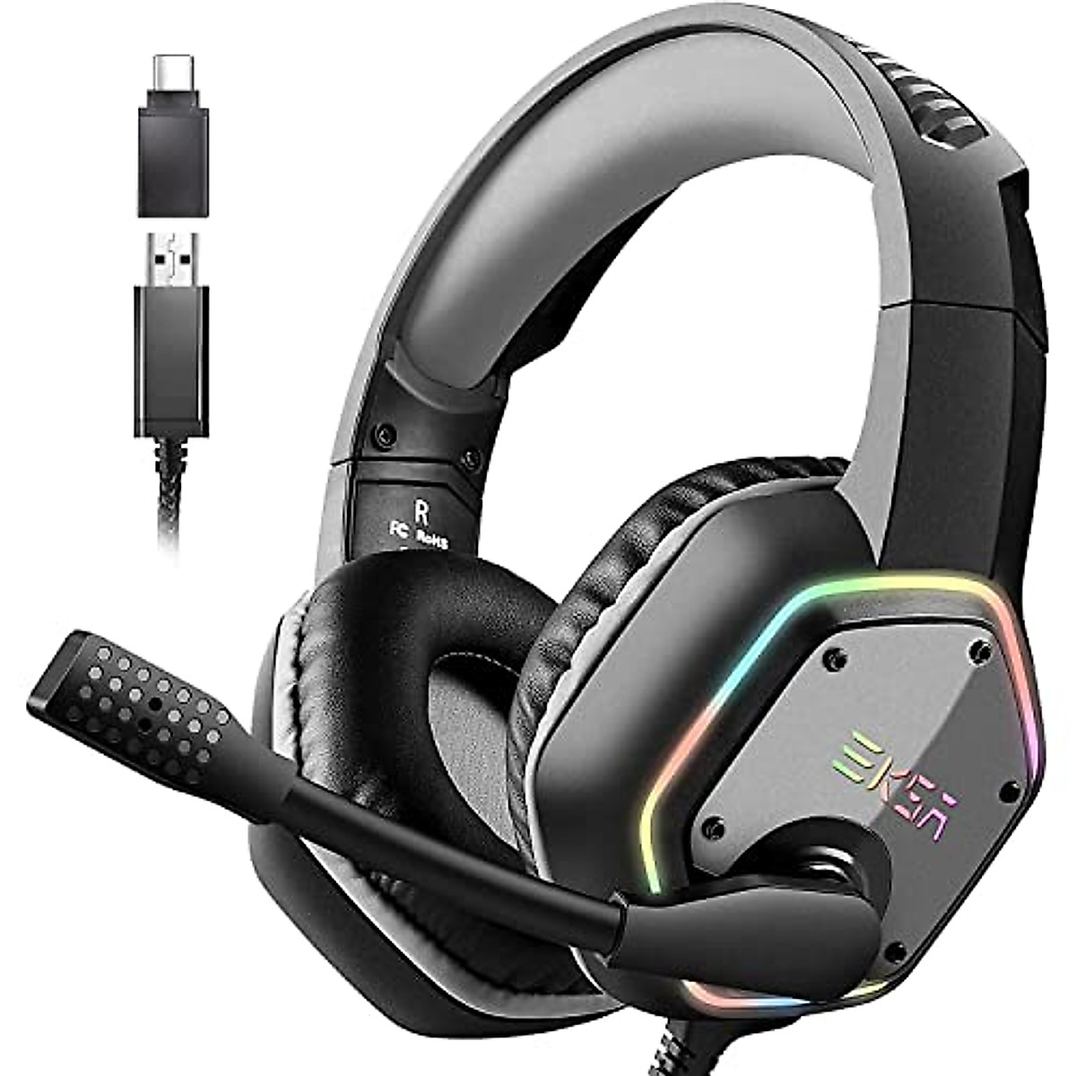 EKSA USB Headset for Computer, Laptop, PC - Headphones with Noise Cancelling Microphone/Mic, 7.1 Surround Sound, RGB Light, Wired Headset for Skype, Zoom, Call Center, Meetings, Webinar, Home