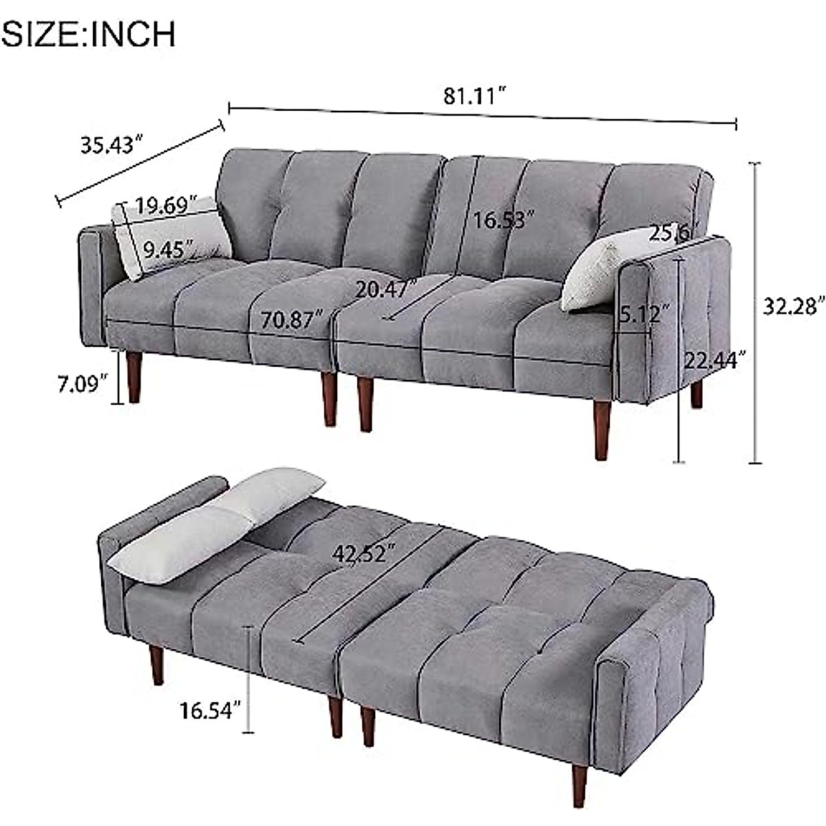 FULife Convertible Sleeper Futon Sofa Bed Loveseat Daybed,Adjustable Folding Lounge Recliner Sofá Chair 2-Seat Couches with Pillows&Wooden Legs for Living Room/Office/Compact Space, Gray 81.1" w