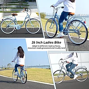 MEGHNA Cruiser Bike Low Step-Through 26inch Commuter Bike V - Brake 7 Speed Shifter Driven City Bike for Women Senior Men (Beige)