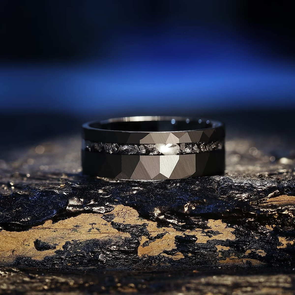 King Will Mens 8mm Black Hammered Tungsten Carbide Wedding Rings Imitated Meteorite Inlay Matte Brushed Tungsten Ring 10.5