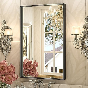 Keonjinn Black Bathroom Vanity Mirror 16 x 24 Inch Rectangle Wall Mirror Metal Framed Farmhouse Mirror Brushed Square Corner Bathroom Mirror, Modern Decorative Rectangular Mirror(Horizontal/Vertical)