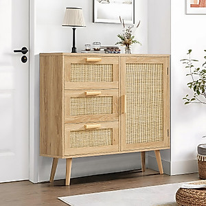 Iwell Storage Cabinet with Rattan Door & 3 Drawers, Rattan Cabinet with Adjustable Shelf, Accent Cabinet for Living Room, Entryway, Natural
