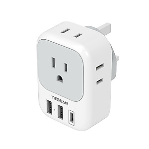 US to UK Plug Adapter, TESSAN Type G Travel Converter with 3 USB Charger(1 USB C Port), 4 Outlets Power Adaptor for USA to Qatar Ireland Hong Kong England Scotland Kenya Dubai London British