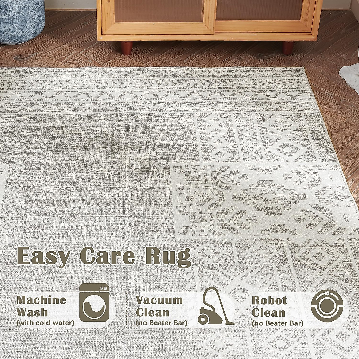 jinchan Area Rug - 4x6 Ultra-Thin Washable Rug, Vintage Living Room Rug, Boho Rug Geometric, Non-Slip Non-Shedding Carpet for Kitchen Bedroom(4x6ft, Brown Ivory)
