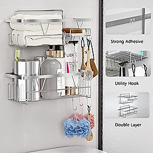 GARDIGER Shower Caddy Organizer, 2 Pack Stainless Steel Shower Shelf with 6 Hooks, No Drilling Adhesive Hanging Shower Storage Basket for Bathroom Kitchen (Silver)