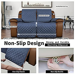 Easy-Going Recliner Sofa Cover, Reversible Couch Cover for Double Recliner, Split Sofa Cover for Each Seat, Furniture Protector with Elastic Strap for Kids, Dogs, Pets(2 Seater, Dark Blue/Light Blue)