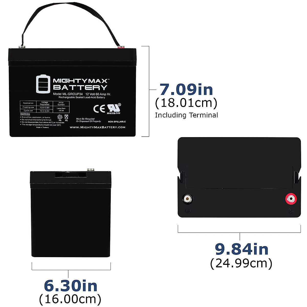 ML-Group34 -12 Volt 60 AH, Internal Thread (INT) Terminal, Rechargeable SLA AGM Battery