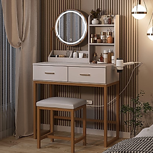 Makeup Vanity Desk with Round Mirror and Lights, White Vanity Makeup Table, Small Vanity Table for Bedroom with Lots Storage, 3 Lighting Modes, 31.5in(L)