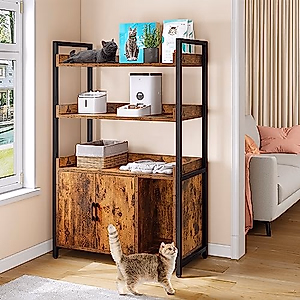 YITAHOME Large Hidden Cat Litter Box Furniture with 3 Shelves and Doors, Wood Litter Box Enclosure, Cat Washroom Storage, Brown