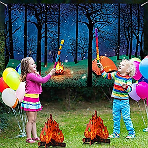 Forest Scene Camping Backdrop Camping Photography Background Camping Photo Backdrop and 2 Sets 3D Decorative Cardboard Campfire Centerpiece Artificial Fire Party Decoration for Camping Theme Party