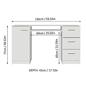 Madesa Computer Desk with 3 Drawers, 1 Door and 1 Storage Shelf, Wood Writing Home Office Workstation, 30” H x 18” D x 53” W - White