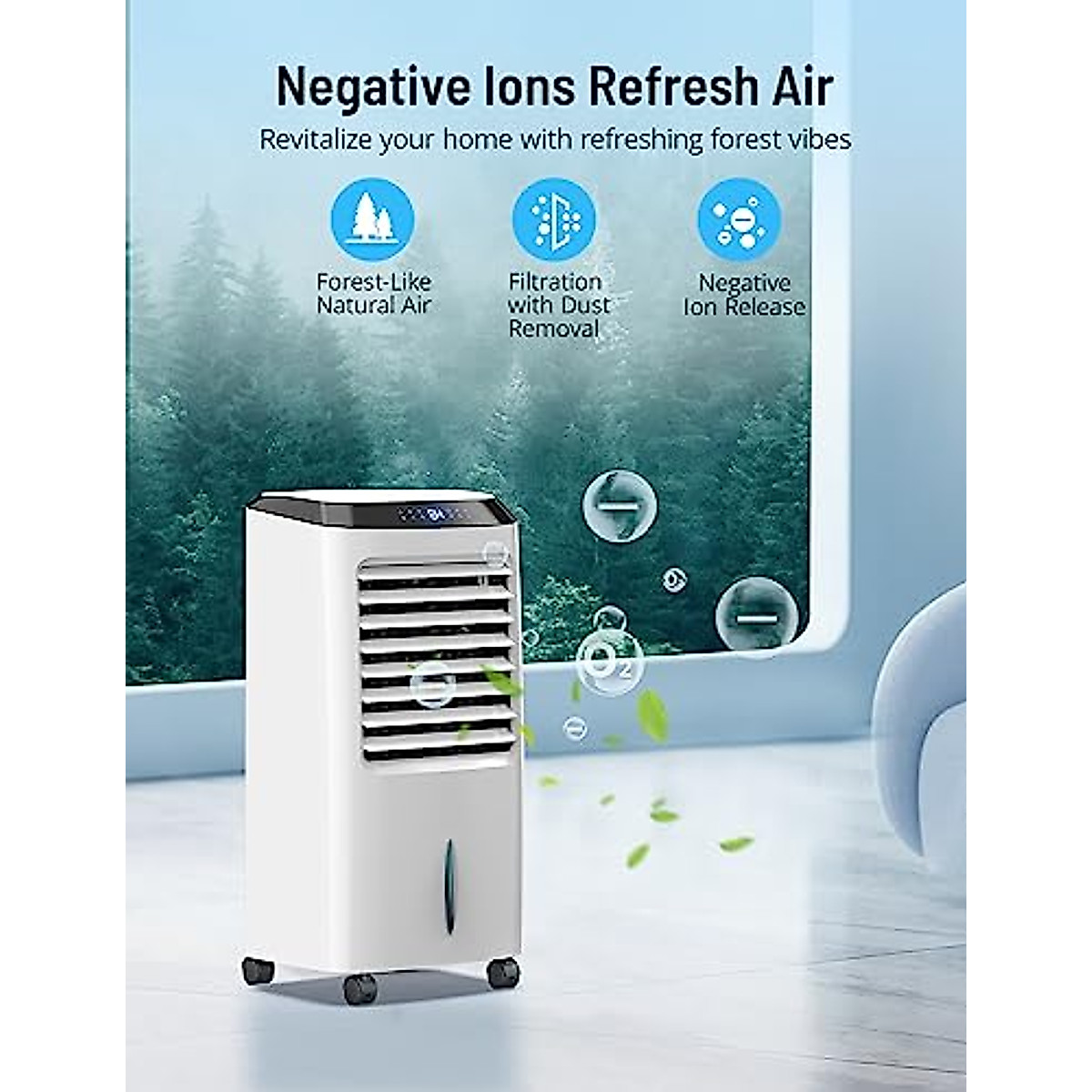 PARIS RHÔNE Evaporative Air Cooler, 4-in-1 Evaporative Cooler, Portable Swamp Cooler with Negative Ion, LED Display, 2.6Gal Water Tank, Remote Control, Casters for Home, Office