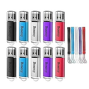USB Flash Drives 1GB 10 Pack, Bosexy Thumb Drives Cap Design USB 2.0 Stick with Led Indicator Lanyards(5 Mixed Colors: Black Blue Silver Purple Red)