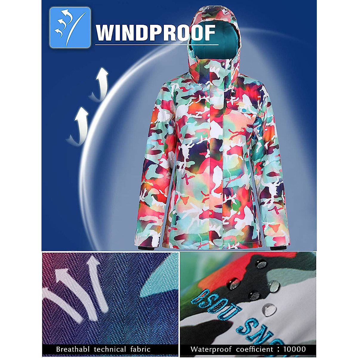 GSOU SNOW Womens Ski Jackets and Pants Set Snowsuit Snowboarding Warm Winter Coat Hooded Waterproof Windproof Insulated,Blue Camouflage,XS