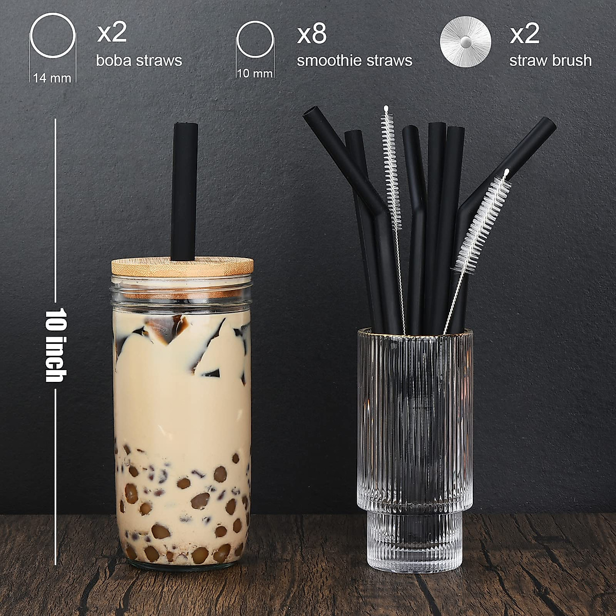 ALINK 15 inch Extra Long Silicone Straws + 2 Black Silicone Boba Straws 8 Smoothie Straws