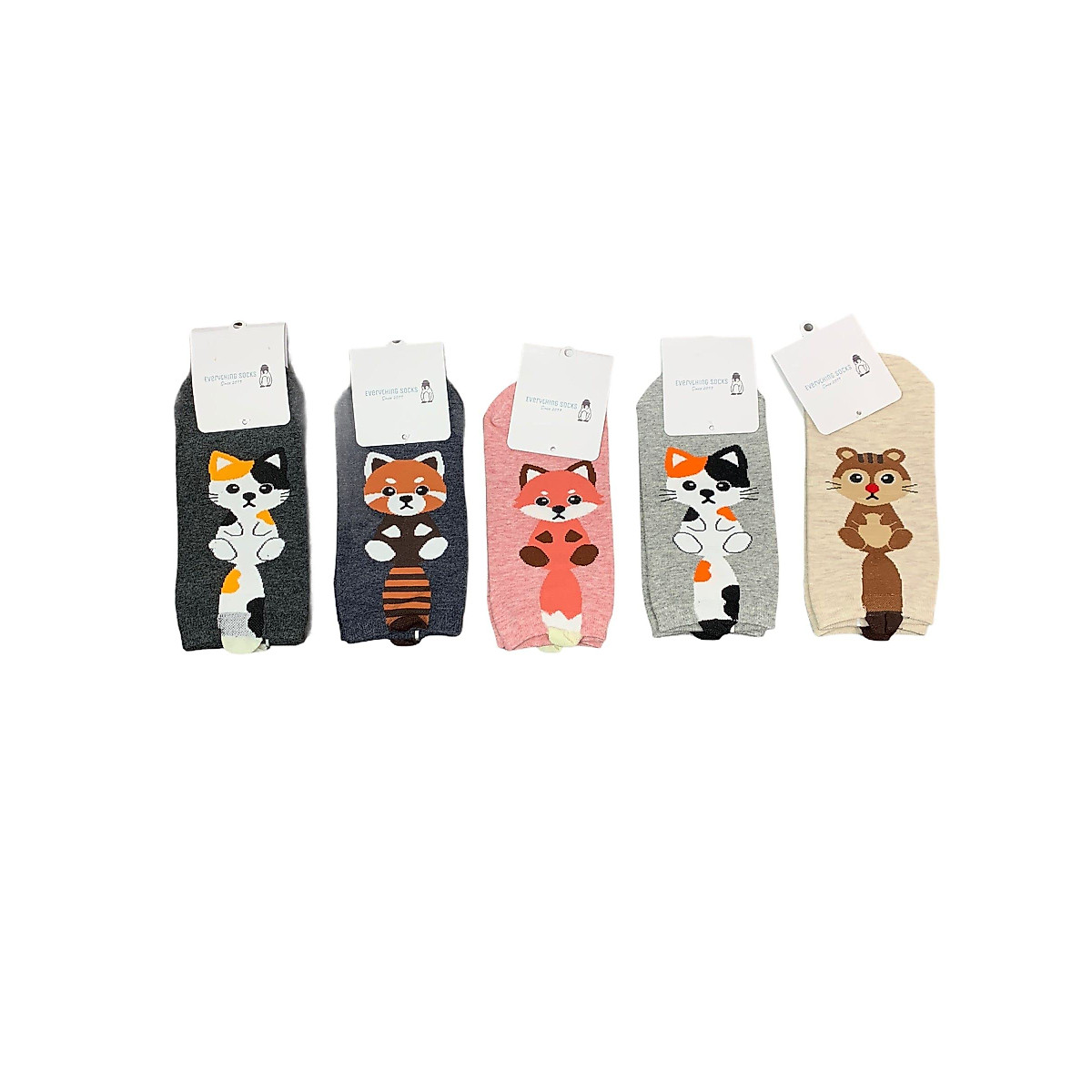 Everything Socks Animal Socks for Women men girls teens and kids- 5 Pack Includes Calico Cat, Fox, Red Panda, and Chipmunk Design- Fun ankle socks for Children & Adults