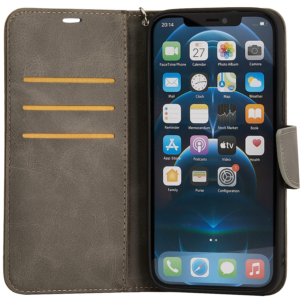 GLOW Co., Ltd. iPhone 12 Pro Max Notebook Type Case with Strap, Gray, Tempered Glass & Stylus Pen 407-2-01