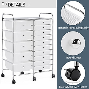 Yaheetech 15 Drawers Rolling Storage Cart Multipurpose Mobile Rolling Utility Storage Organizer Cart Tools Scrapbook Paper Organizer on Wheels, White