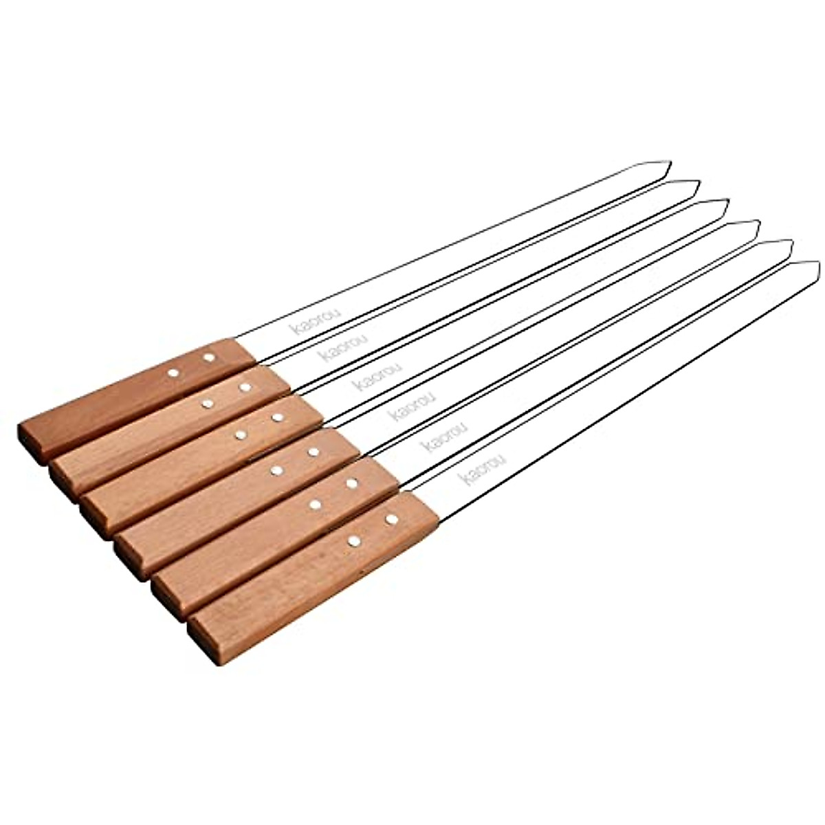KAOROU Kabob Skewers 23 Inch Long,1 Inch Wide Heavy Duty Stainless Steel with Wood Handle， Perfect for Koobideh Kebab Persian/Brazilian Style Chicken Shrimp Kebab,Set of 7 with Bag