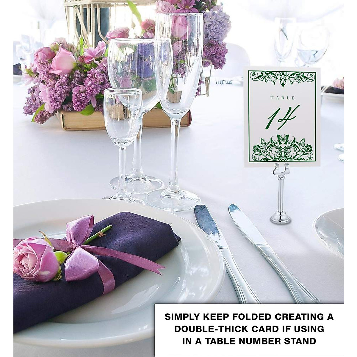 Butterfly Flourish Wedding Table Numbers (Select Color/Quantity), White, Hunter Green, 1-15, Double Sided, Tent or Use in a Stand, Great for Parties & Restaurants