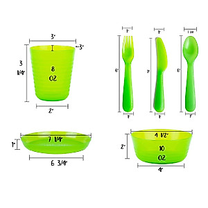 Cuddly Hippo Kids Plastic Dinnerware Set of 36 Multi Color Pieces (Plates, Bowls, Cups and Flatware) - Reusable, BPA-Free, Dishwasher Safe and Microwaveable