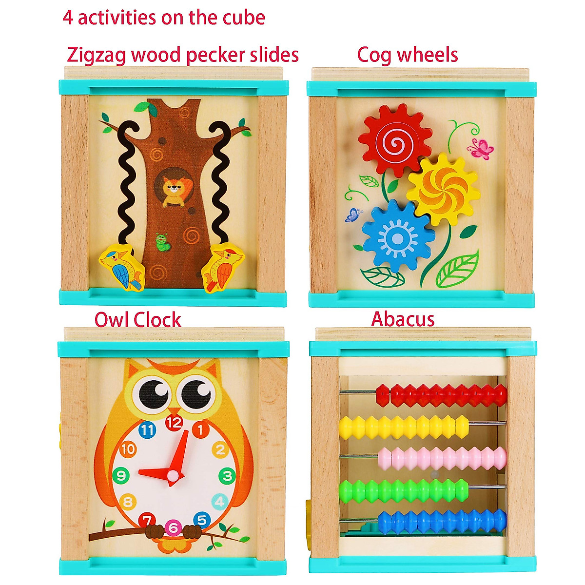 TOWO Wooden Activity Cube Beads Maze -5 Activities Roller Coaster Abacus Cog Wheels Gears Clock Zig Zag Slide-Early Educational Toys for Baby -Educational Wooden Toys for 1 Year Old Montessori Toys