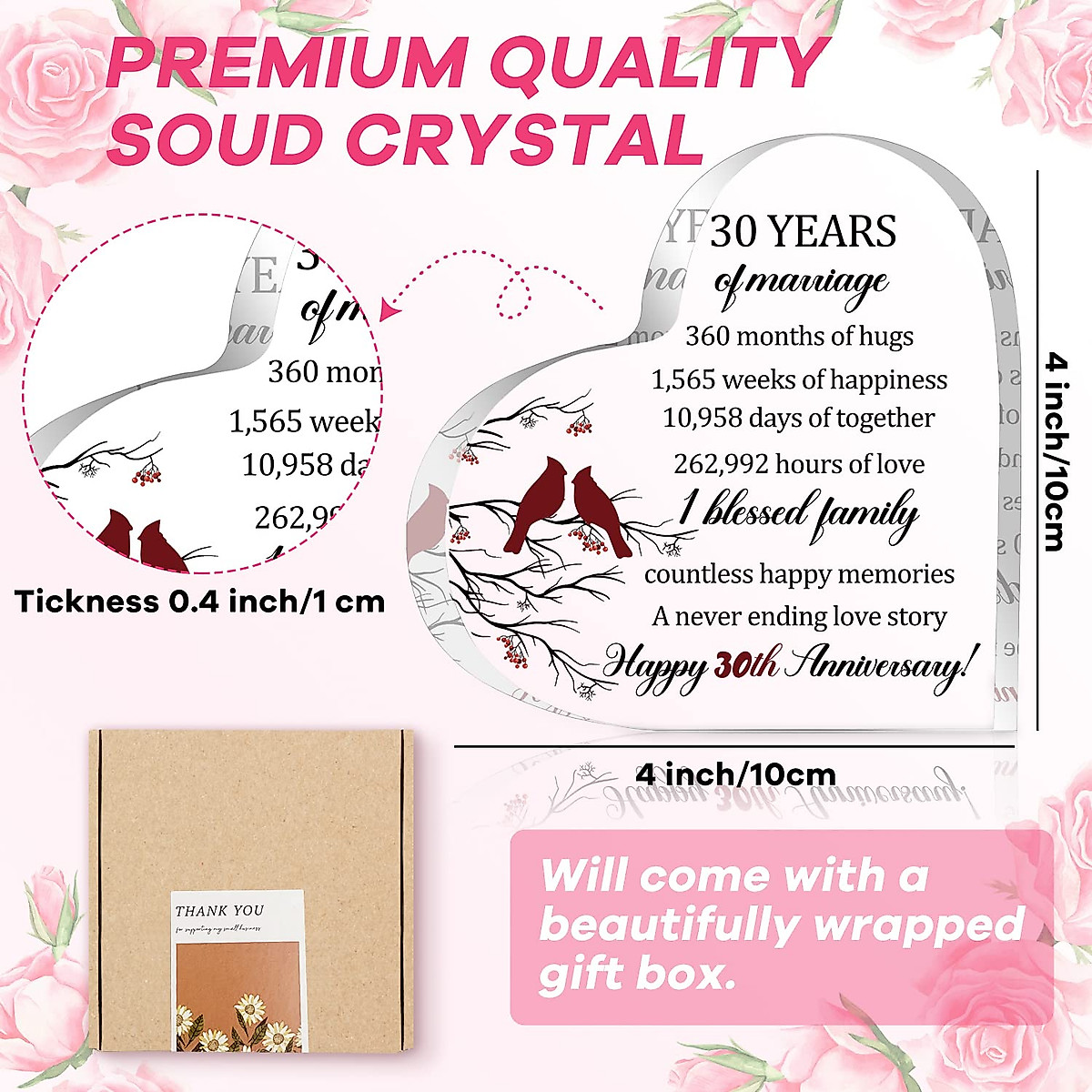 Ywkuiev Happy Anniversary Wedding Hearts Acrylic Keepsake Decor for Wife Husband Girlfriend Boyfriend Couple Parent Women Men Marriage Anniversary Birthday Christmas Keepsake Gift (30th)