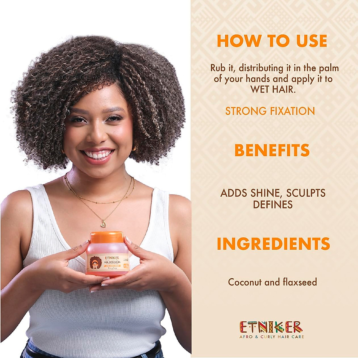 ETNIKER Curl Defining Gel | Afro-textured, Curly & Wavy hair | Control, Sculpting & Definition | Coconut & Flaxseed | NO alcohol, NO parabens, NO residue | by L’MAR | Size: 10.5 oz (300g)