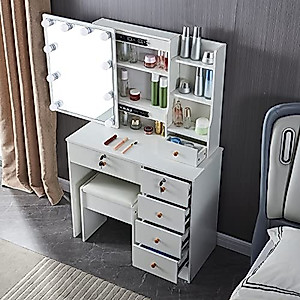Jansaimei White Vanity Table Set with Mirror and Lights and 3 Color Light Settings, Makeup Vanity Desk Multiple Drawers Capacity with Chair and Mirror. Dressing Table for Girls and Women.