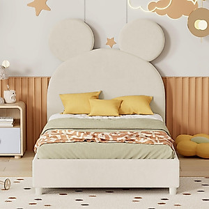 Harper & Bright Designs Twin Size Platform Bed with Bear Ear Shaped Headboard, Modern Velvet Upholstered Twin Bed Frame for Kids,Wood Twin Bed for Girls Boys, No Box Spring Needed, Beige