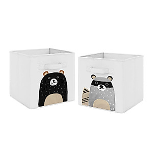 Sweet Jojo Designs Bear Raccoon Forest Animal Foldable Fabric Storage Cube Bins Boxes Organizer Toys Kids Baby Childrens for Woodland Pals Collection - Set of 2 - Neutral Beige, Grey, Black and White