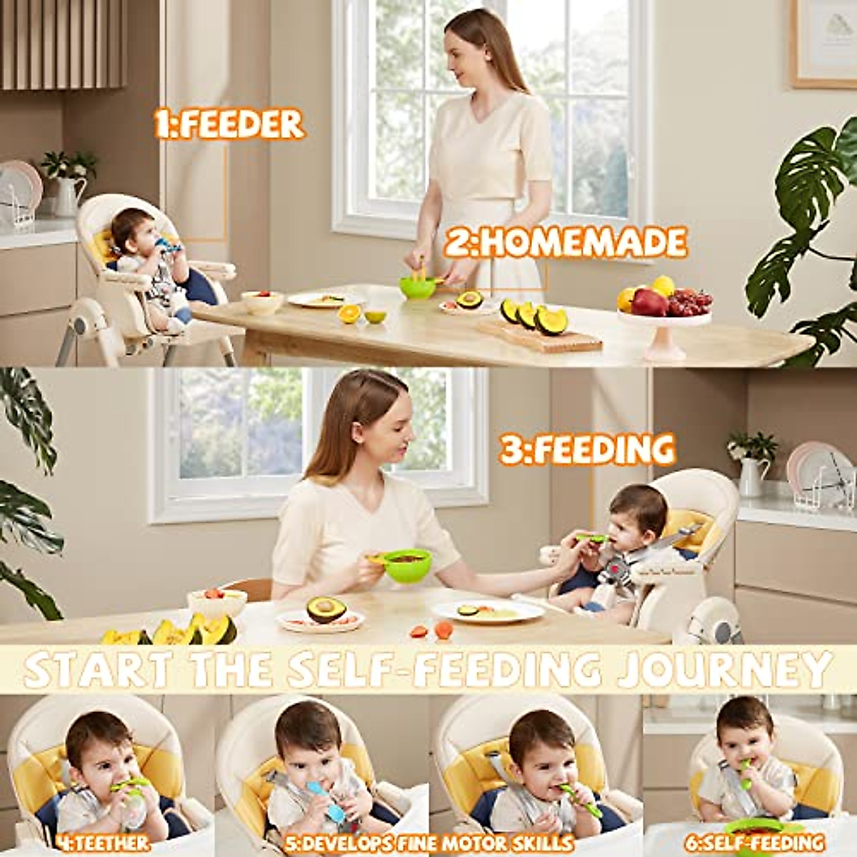 Baby Spoons Silicone Baby Led Weaning Feeding Spoon Set with Baby Fruit Feeder Pacifier Fresh Food Feeder (2 Count) - Baby Teething Toys Teether, Mash and Serve Bowl, Baby Feeding Set First Stage