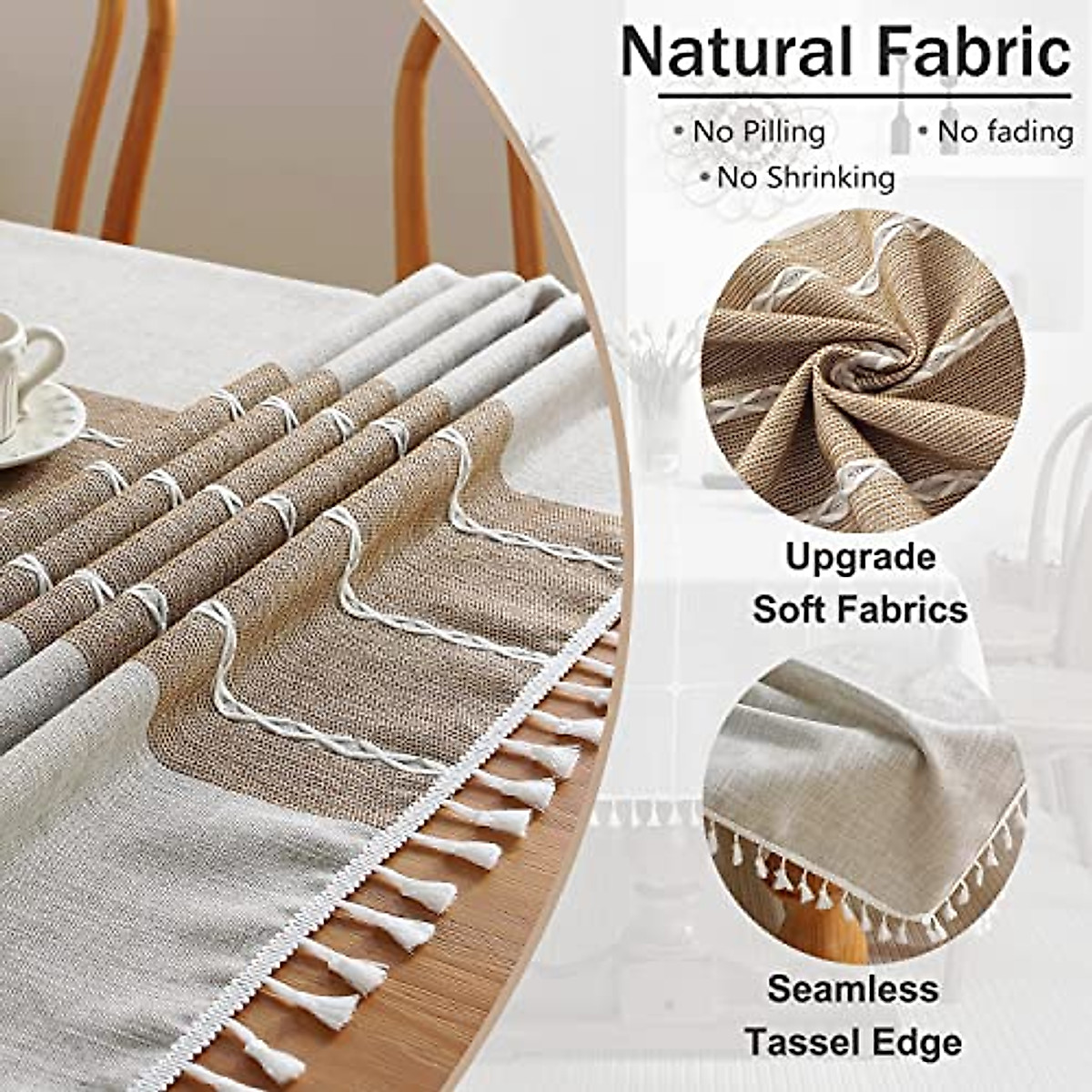 JIALE Tablecloths for Rectangle Tables, Cotton Linen Table Cloth Waterproof Tablecloth Wrinkle Free Farmhouse Dining Table Cover, Soft Fabric Table Cloths with Tassels, Brown, 55" X 70", 4-6 Seats