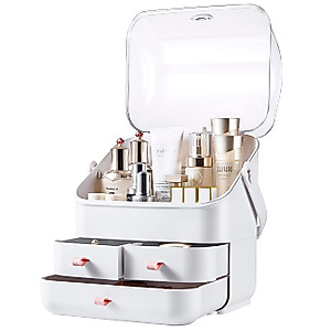 SUNFICON Makeup Organizer Holder Cosmetic Storage Box with Dust Free Cover Portable Handle,Fully Open Waterproof Lid, Dust Proof Drawers,Great for Bathroom Countertop Bedroom Dresser White
