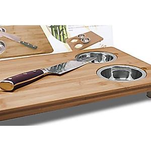 VersaChop Duo, Large 18 inch X 12 inch Cutting Boards for Kitchen. Totally Natural Organic Moso Bamboo Cutting Board with Two Integrated Stainless Steel Bowls attached for organization and storage.