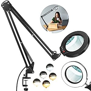 5X Large Magnifying Glass with Light and Stand, KRSTLV 2 x 16 Inch Swivel Arm LED Desk Lamp with Clamp, 5 Color Modes Stepless Dimmable Lighted Magnifier Hands Free for Close Work, Craft, Hobby, Black