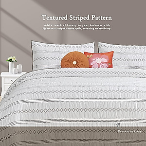 Querencia Cotton Quilt King Size - Embroidered Light Weight Quilt for Summer, Striped Quilt Cotton Coverlet, Quilted Comforter Set Gray Bedspread Farmhouse Bedding Cali, 3 Piece (Opal Grey & White)