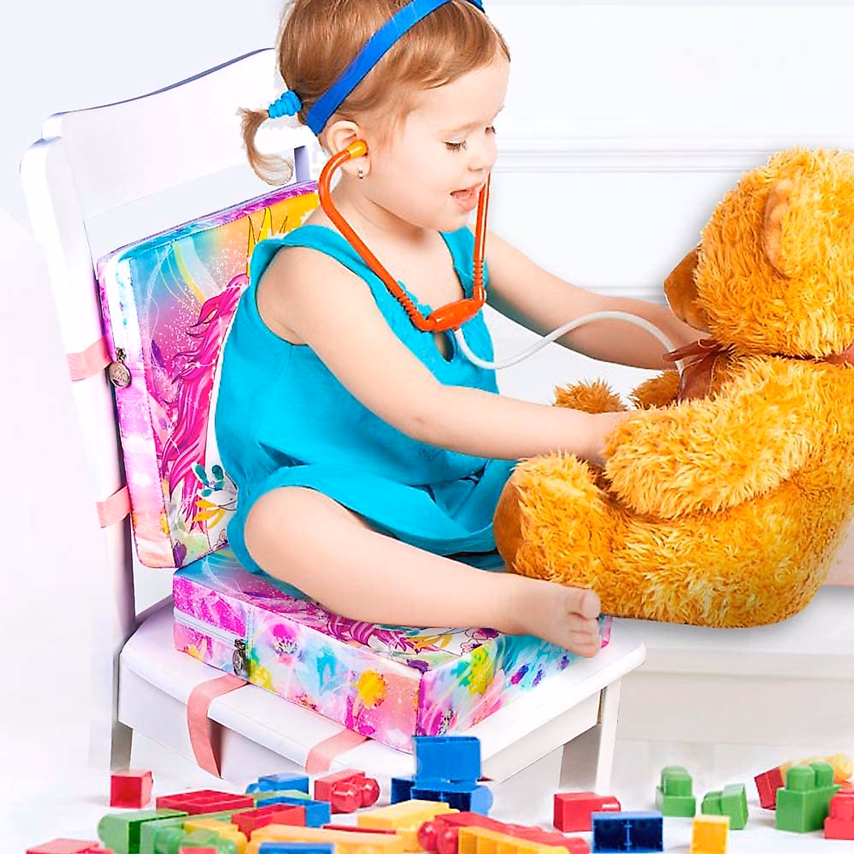 2PCS Booster Seat for Dining Table, Chair Increasing Cushion for Toddler Baby Kids, Portable Dismountable Adjustable Highchair Booster - Unicorn Pink