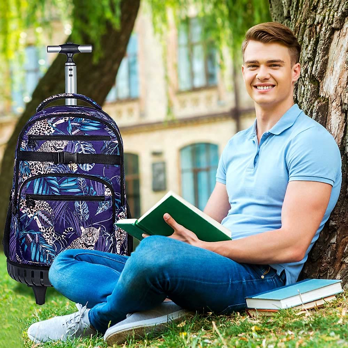 ZLYERT 3PCS Rolling Backpack for Girls, Travel Wheeled Backpacks for Adults, Teens College Roller Bookbag with Wheels for Women - Blue