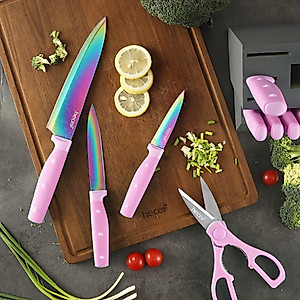 hecef 14 Pieces Knife Set with Block, Rainbow Titanium Knives Set with Laser Pattern, Martensitic Stainless Steel Chef Knife Set with Sharpener, Steak Knife, Scissors, Mothers Day Gift