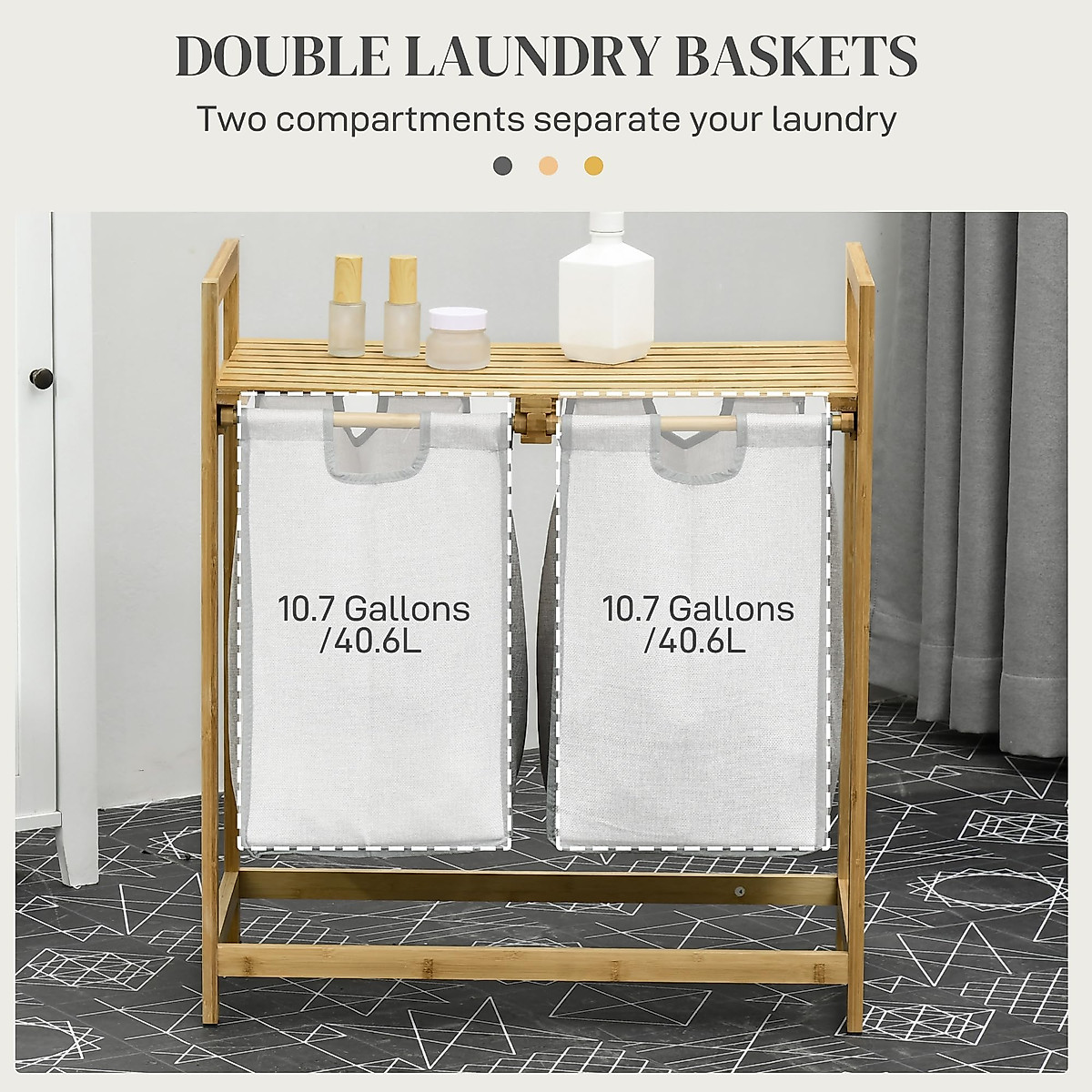 HOMCOM Double Laundry Hamper 2 Section Bamboo Laundry Basket with Storage Shelf 2 Pull-Out and Removable Bags for Bedroom Bathroom Laundry Room 2 x 10.7 Gallons Natural Wood and Dark Gray