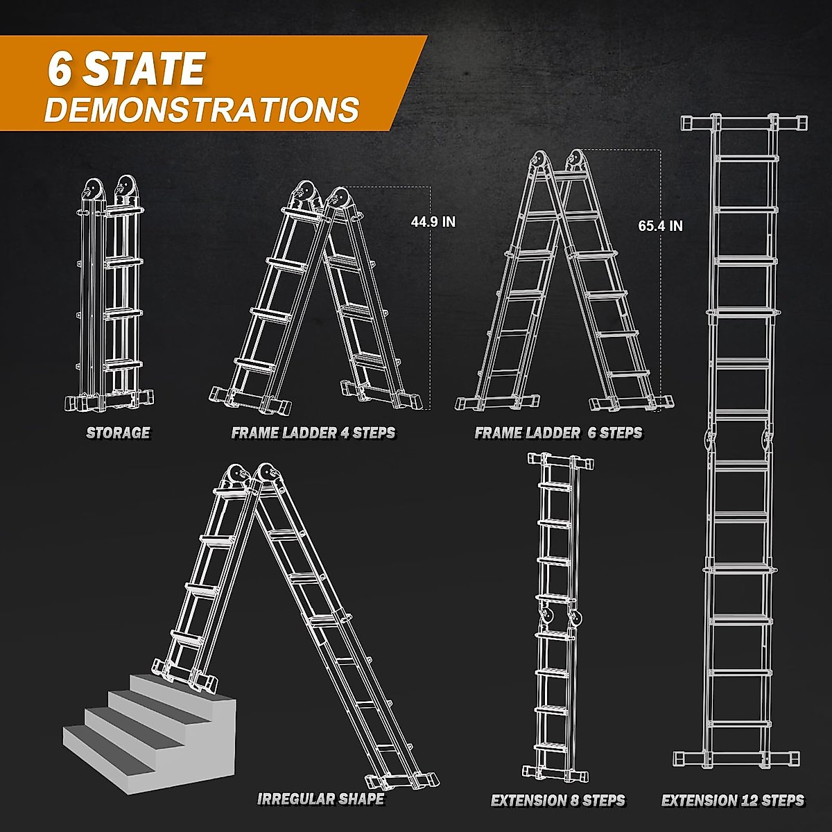 Soctone Ladder, A Frame 4 Step Extension Ladder, 14 Ft with Multi Position & Removable Tool Tray with Stabilizer Bar, 330 lbs Weight Rating Telescoping Ladder for Household or Outdoor Work