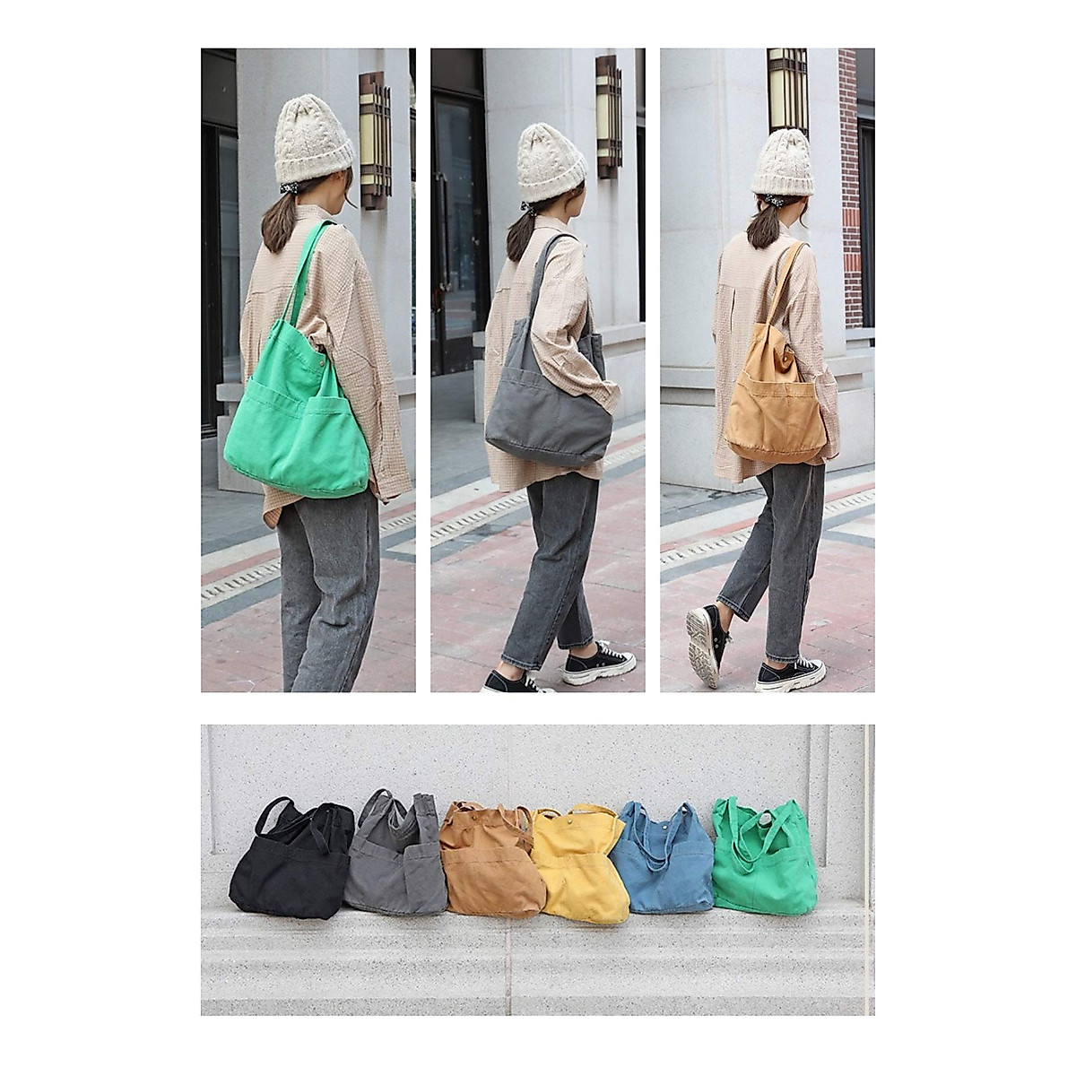 Jeelow Washed Canvas Market Tote Handbag Shoulder Bucket Bag Purse With Pockets For Men & Women