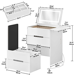 LIKIMIO 3 in 1 Vanity Desk with Plip Top Mirror, LED Light & Power Outlet Small Make Up Vanity Set with Visible Glass Desktop, Compact Makeup Vanity with 3 Drawers, Dressing Table for Bedroom, White