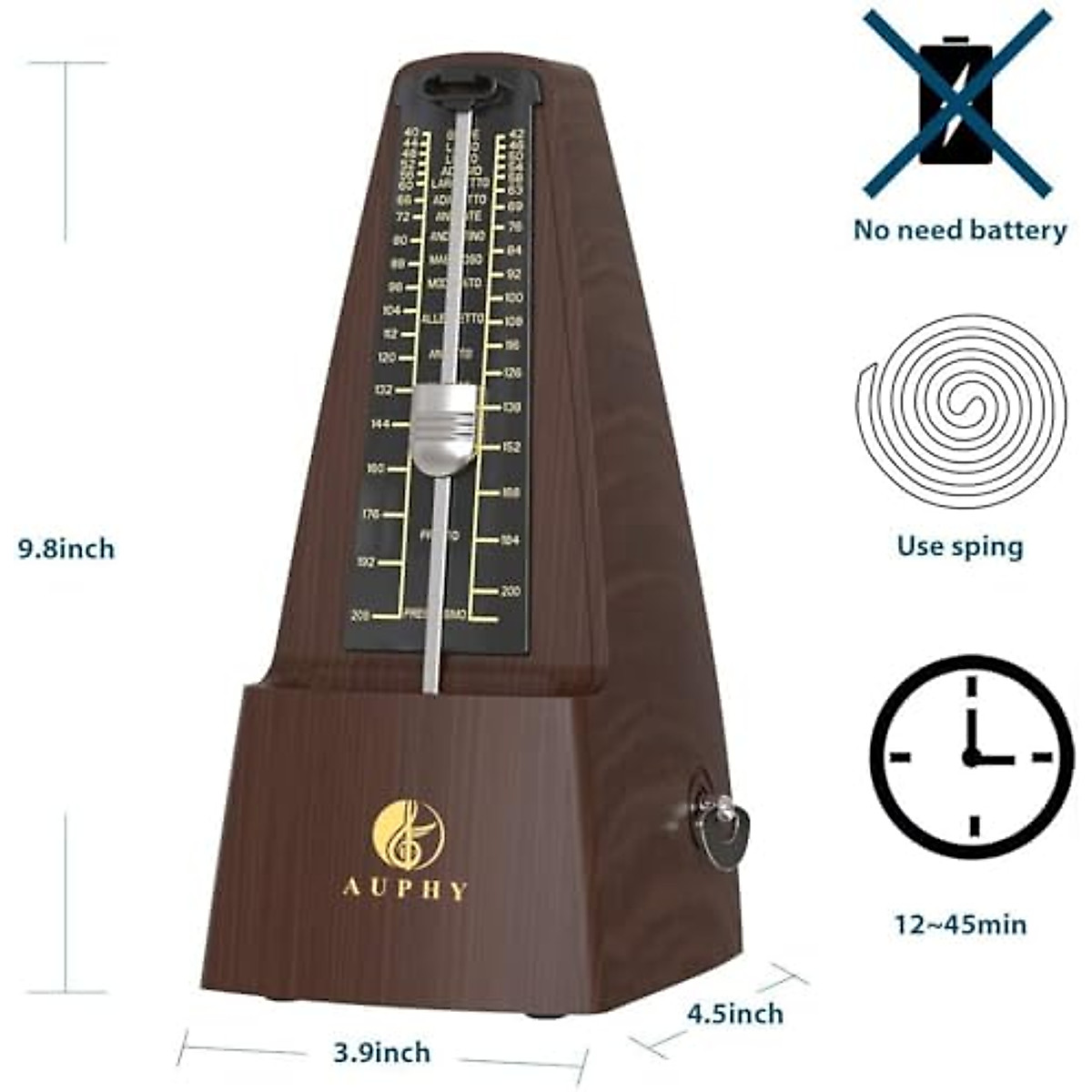 AUPHY Mechanical Metronome with Accent Bell, Classic Shape, Accurate Beat, Multiple Beat Modes, Suitable for Piano Guitar Drums Violin Saxophone etc（Wood Grain）