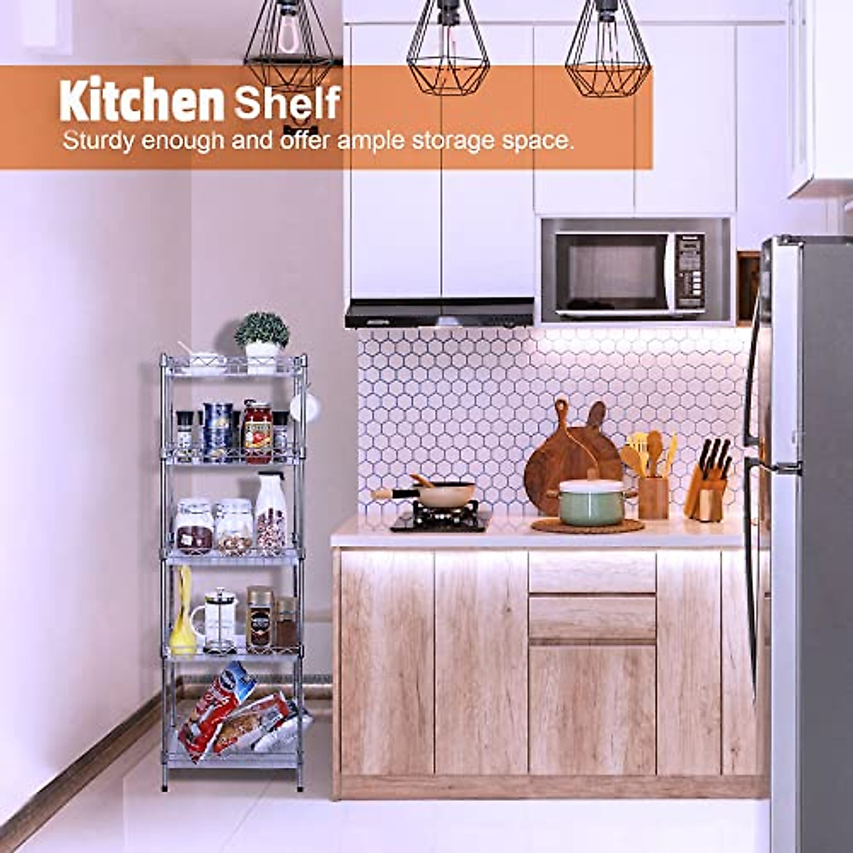 Guangfoshun Storage Shelves, 5-Tier Wire Shelving Unit with Baskets Storage Rack Corner Shelf Shelving Adjustable Storage Shelf, 11.8" D x 15.7" W x 62.99" H,Silver